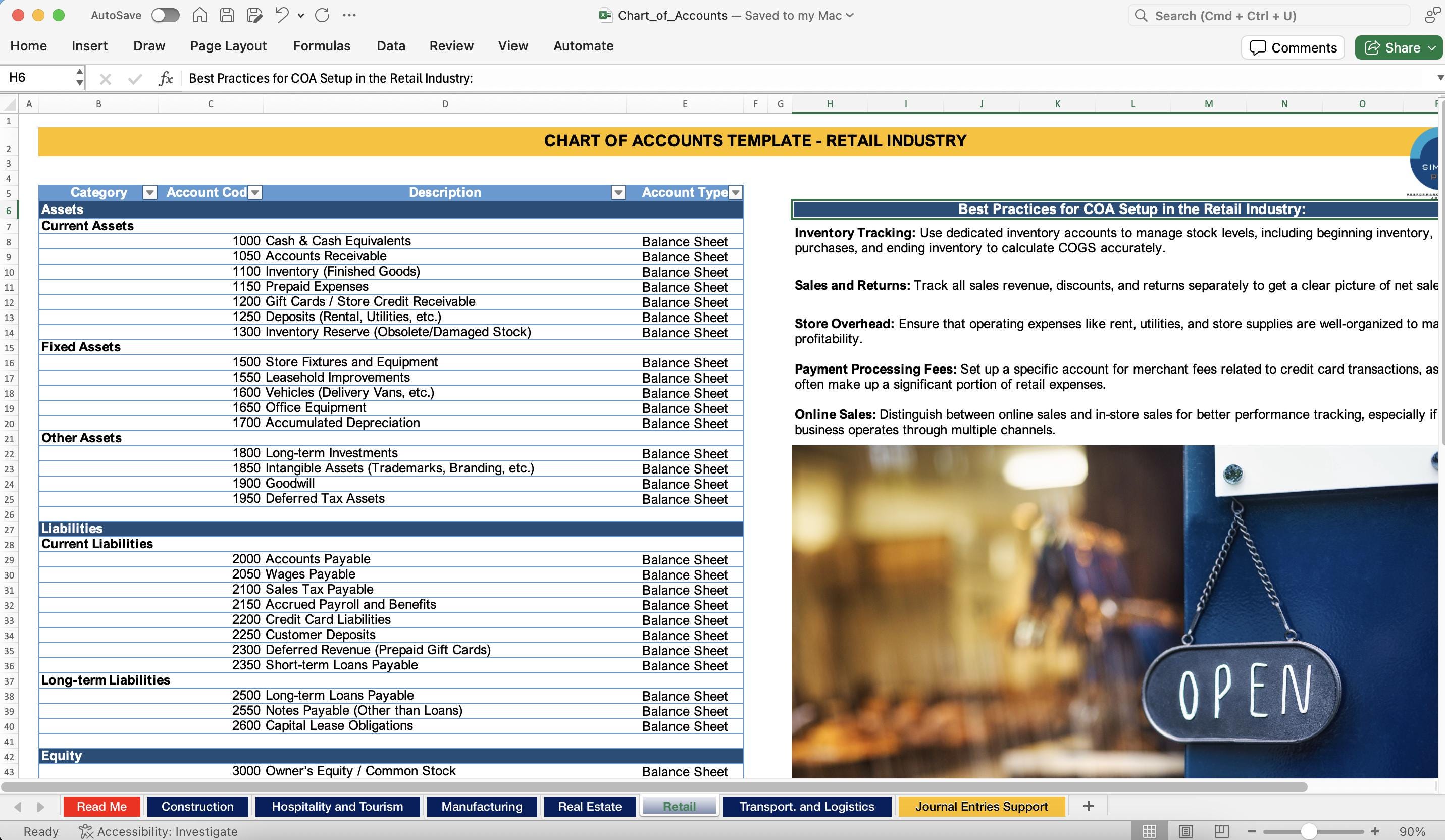 Chart of Accounts Excel Template Financial Statement Setup Multi ...