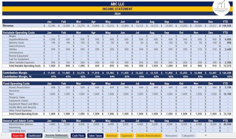 Revenue and Costs Tracker Automated Monthly Income Statement in Excel ...