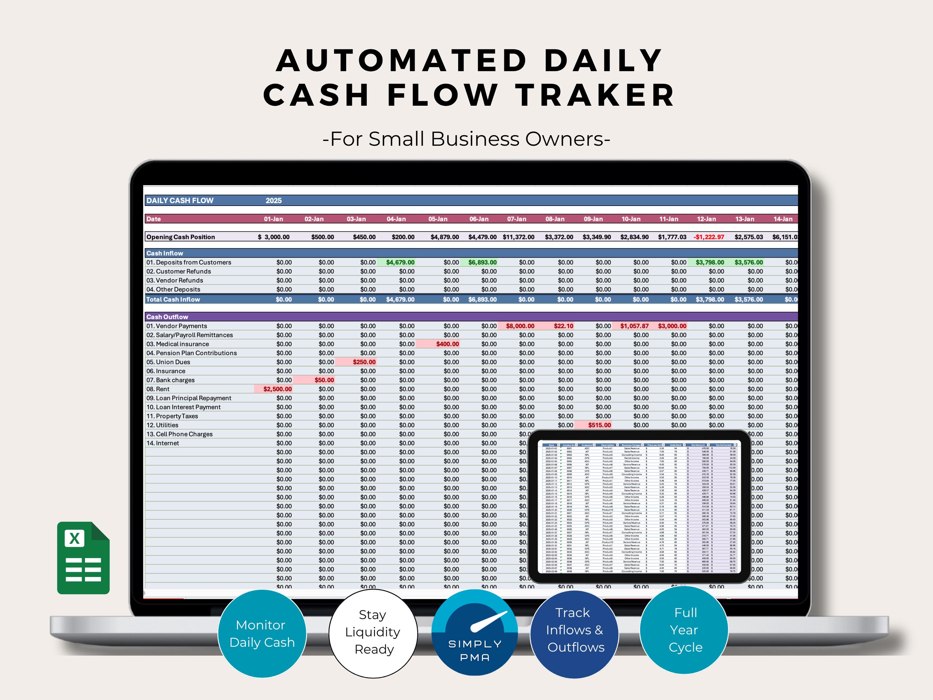 Daily Cash Flow Tracker Automated 365 Day Excel Spreadsheet Template ...