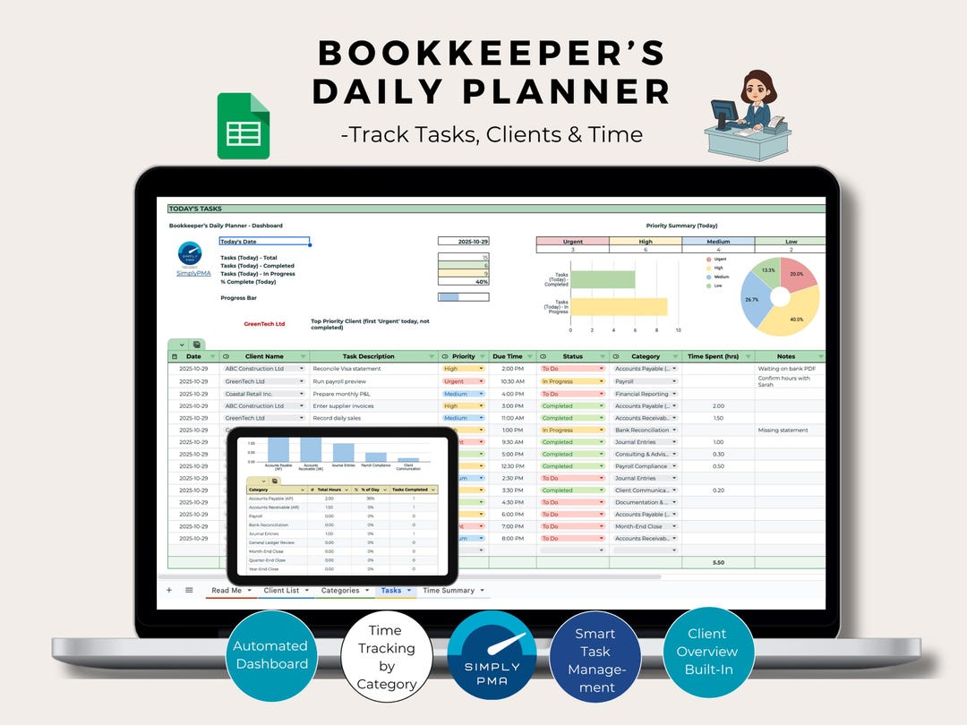 Bookkeeper Daily Planner Google Sheets Template With Automated ...