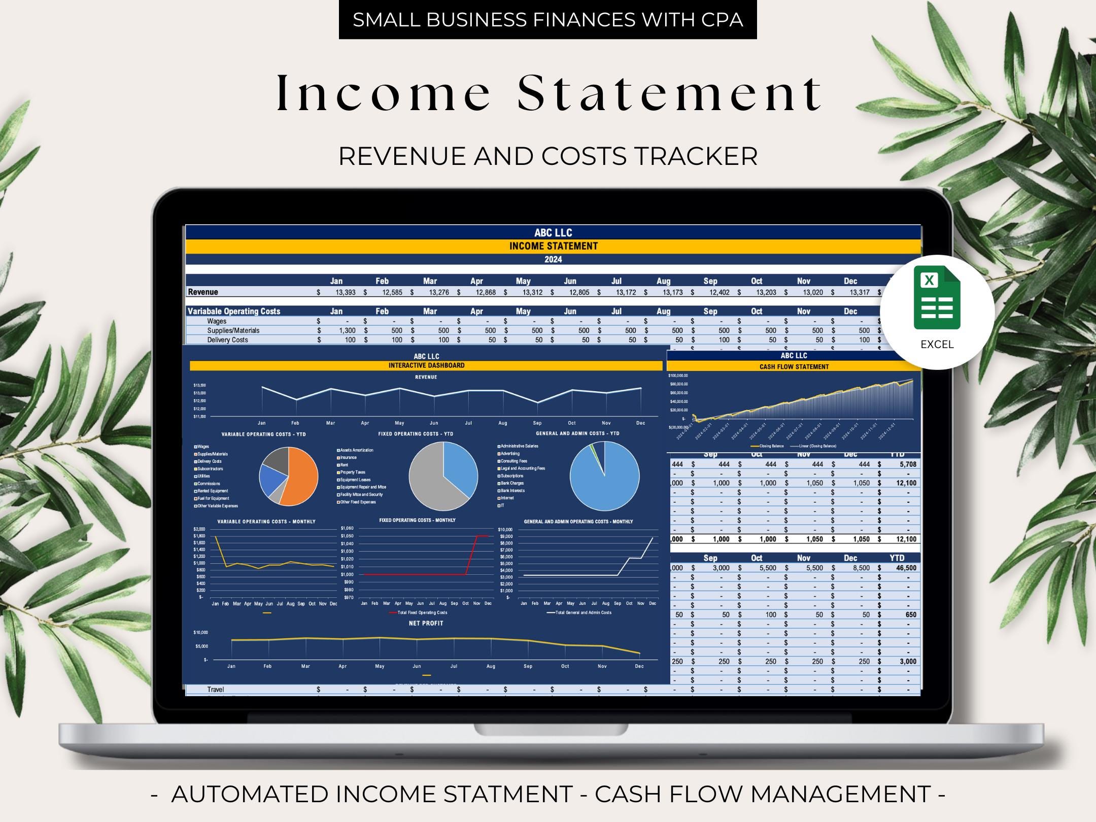 Revenue and Costs Tracker Automated Monthly Income Statement in Excel ...