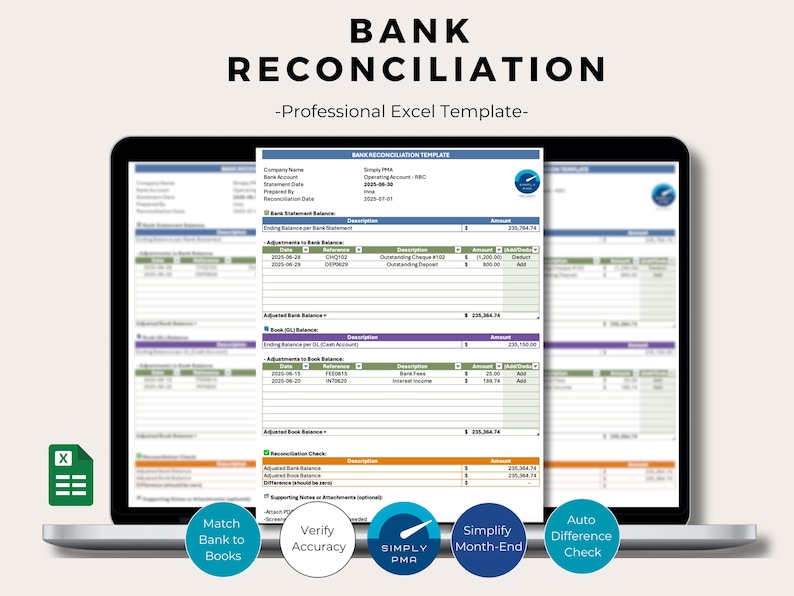 Bank Reconciliation Excel Template Bookkeeping Monthly Accounting Spreadsheet Financial Tracking ...
