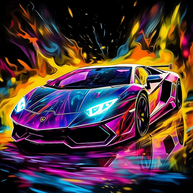 Neon Lamborghini in the City Wall Art Sleek Wallpaper Poster | Bundle ...