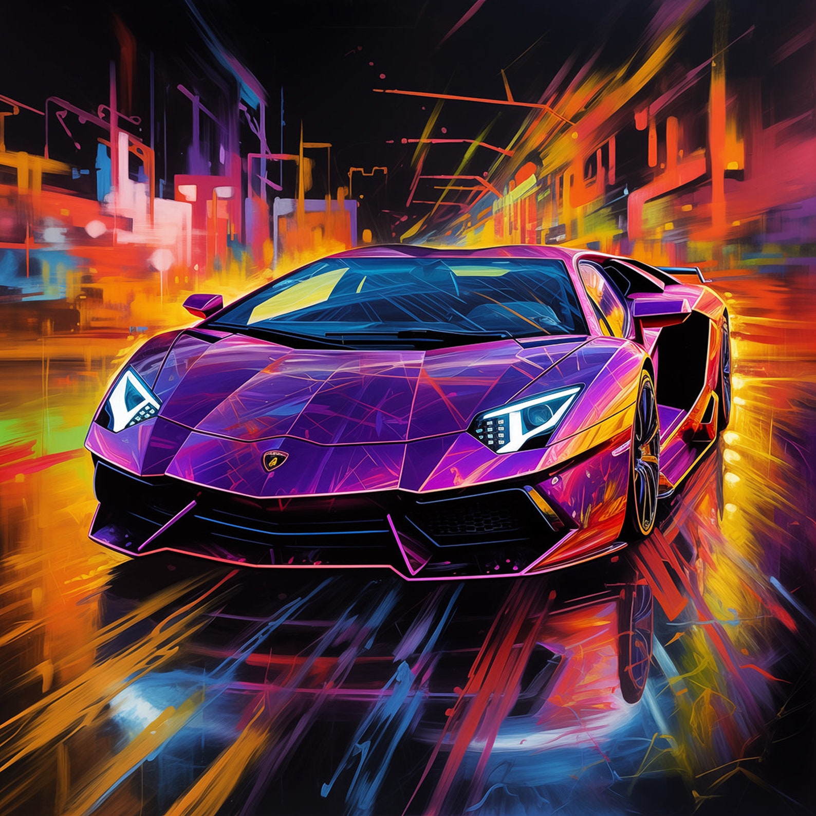 Neon Lamborghini in the City Wall Art Sleek Wallpaper Poster | Bundle ...