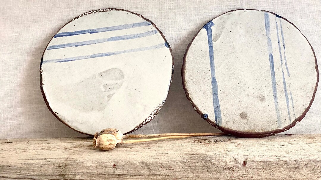 Two Ceramic Cutting Boards in White With Blue Stripes Stoneware ...