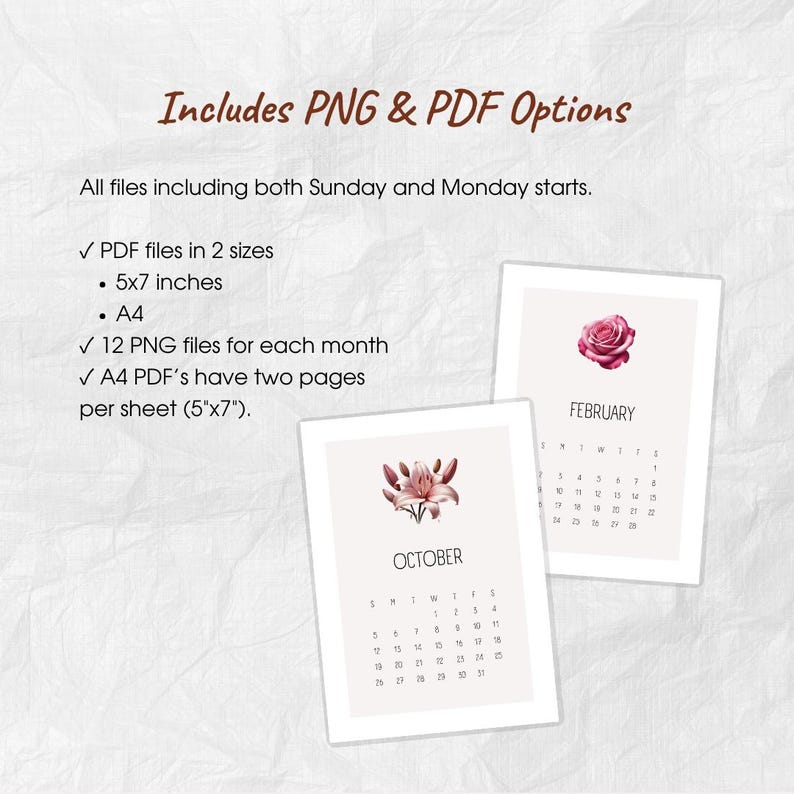 Flower Printable Calendar 2025, 12 Month Desk Calendar, 3x4 Monthly ...