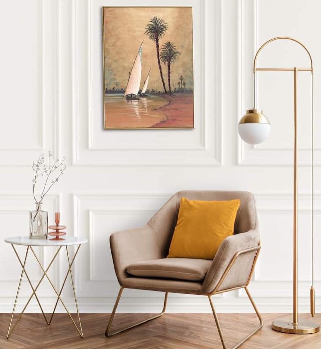 Sail on Nile | Hand Drawn Sail Boat and Palm Trees on Nile | Green ...