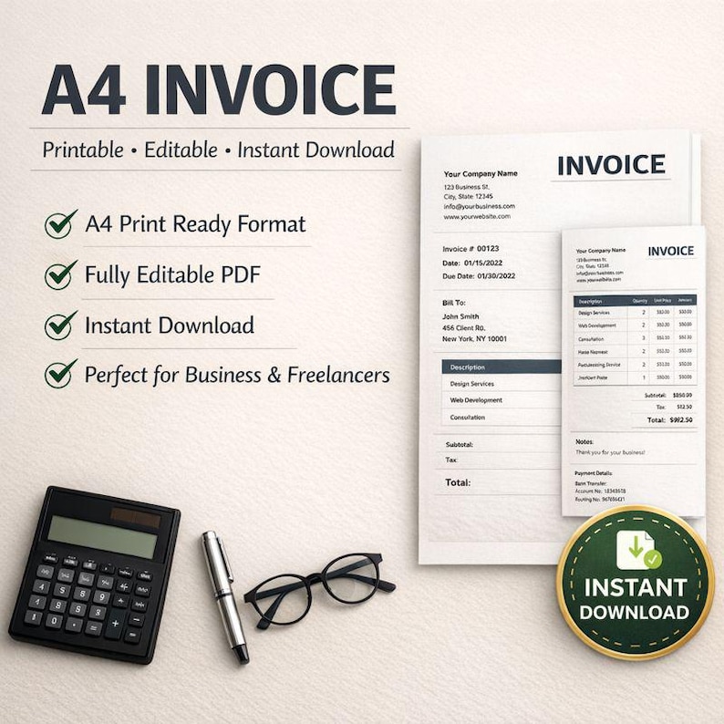 A4 Invoice Template - Printable PDF - Editable - Invoice Form - Instant ...