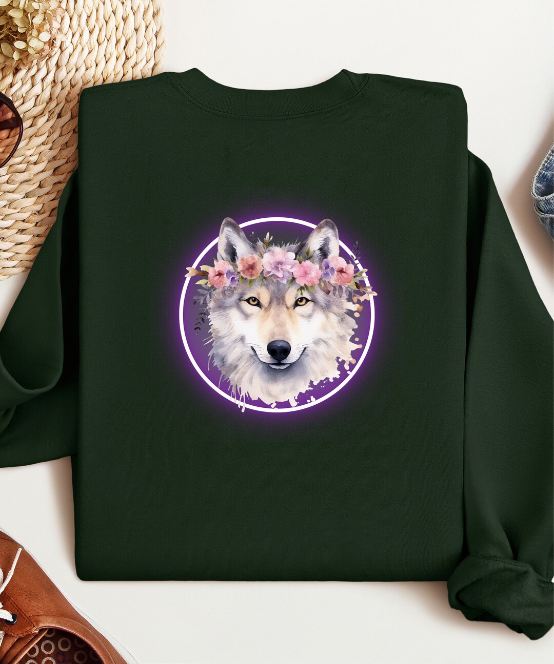 Wildflower Wolf Sweatshirt, Blooming Wolf Sweater, Floral Wreath Wolf ...
