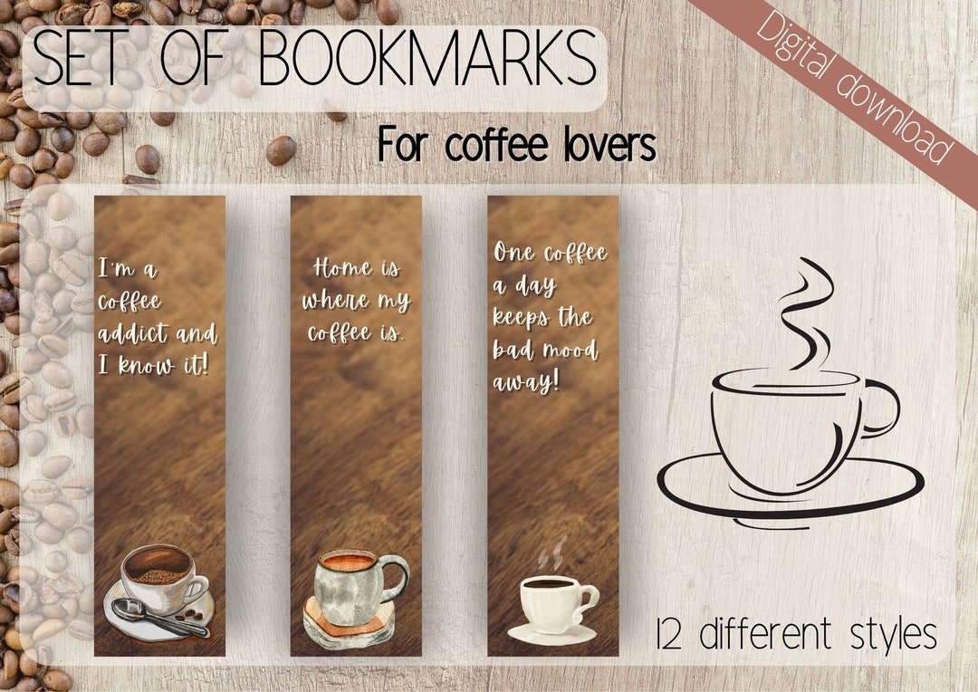 Coffee Lovers Bookmarks, Set of 12 Bookmarks, Printable Instant Digital ...