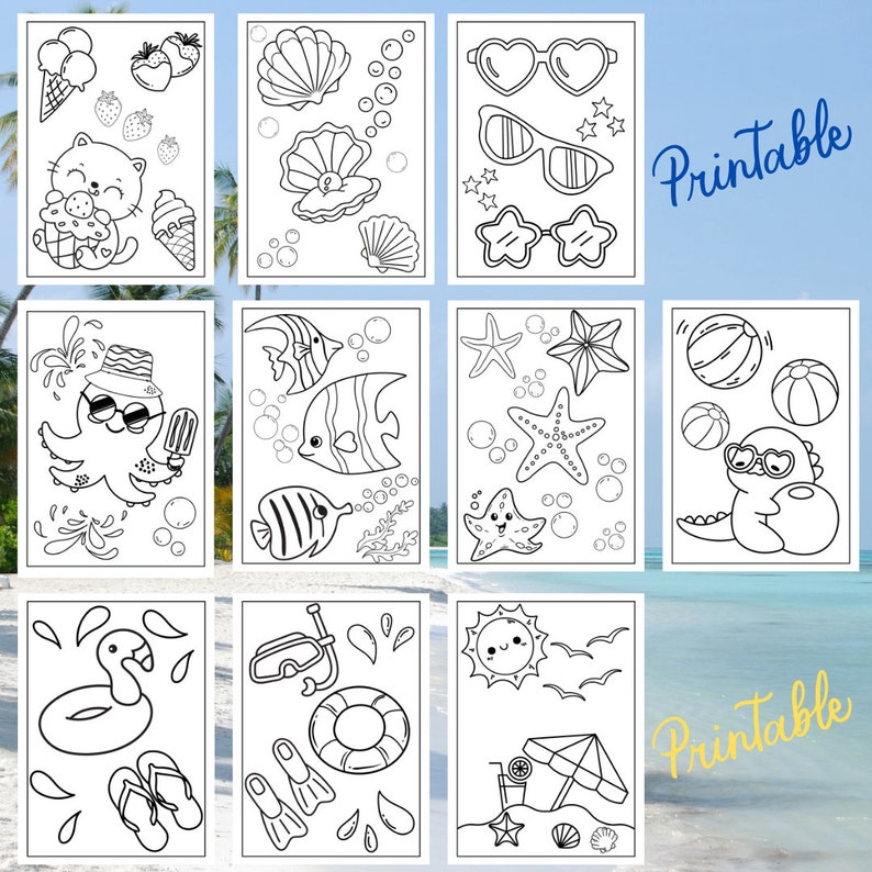 Beach Fun Coloring Pages Set 10 Fun Coloring Pages for Children Summer ...