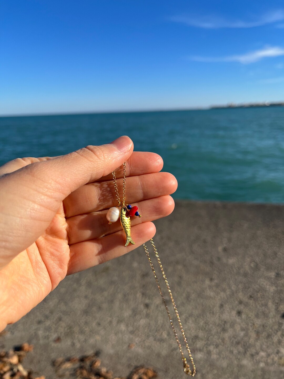 Fish Necklace, Sardine Charm, Mediterranean Necklace, Pearl Necklace ...