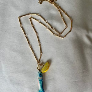 Fish and Lemon Necklace - Sardine Charm - Anchovy Necklace - Clay Charm ...