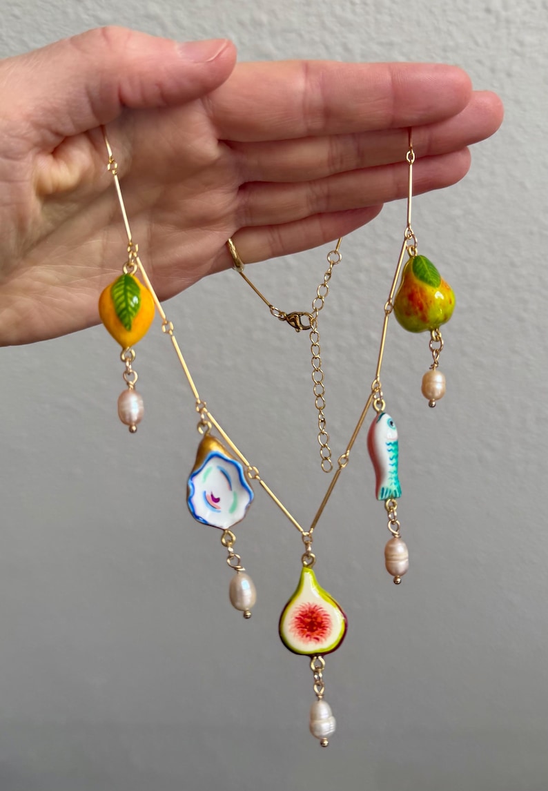 Whimsical Fruit and Fish Pearl Necklace - Handmade Polymer Clay Charms ...
