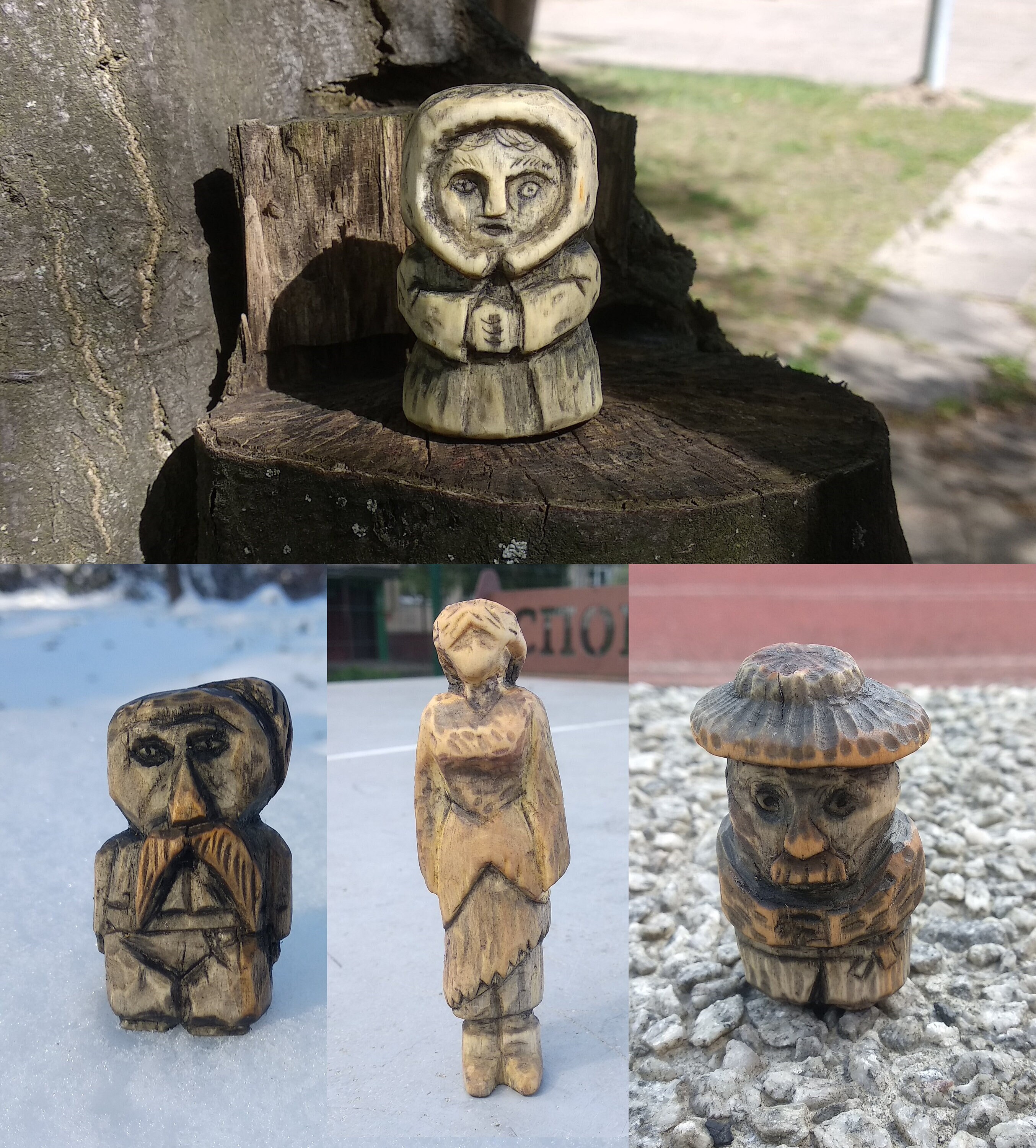 Carved Wooden Figurines of a Cossack, a Girl in a Peasant Cloak and a ...