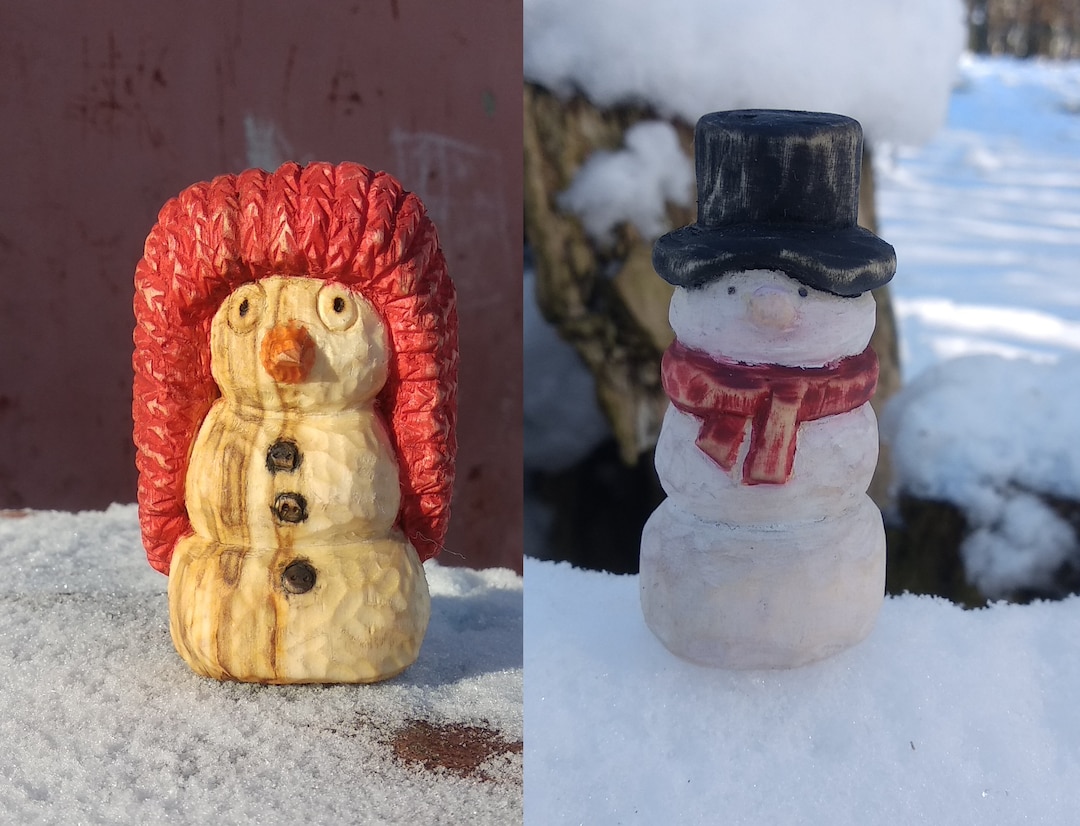 Wood Carving Hand Carved Wooden Snowman With Red Scarf Christmas ...
