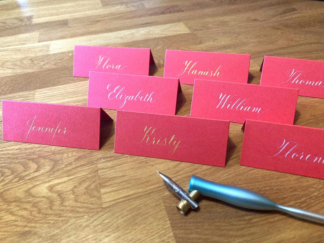 Handwritten Calligraphy Red Place Cards: Metallic Gold or Silver Ink ...