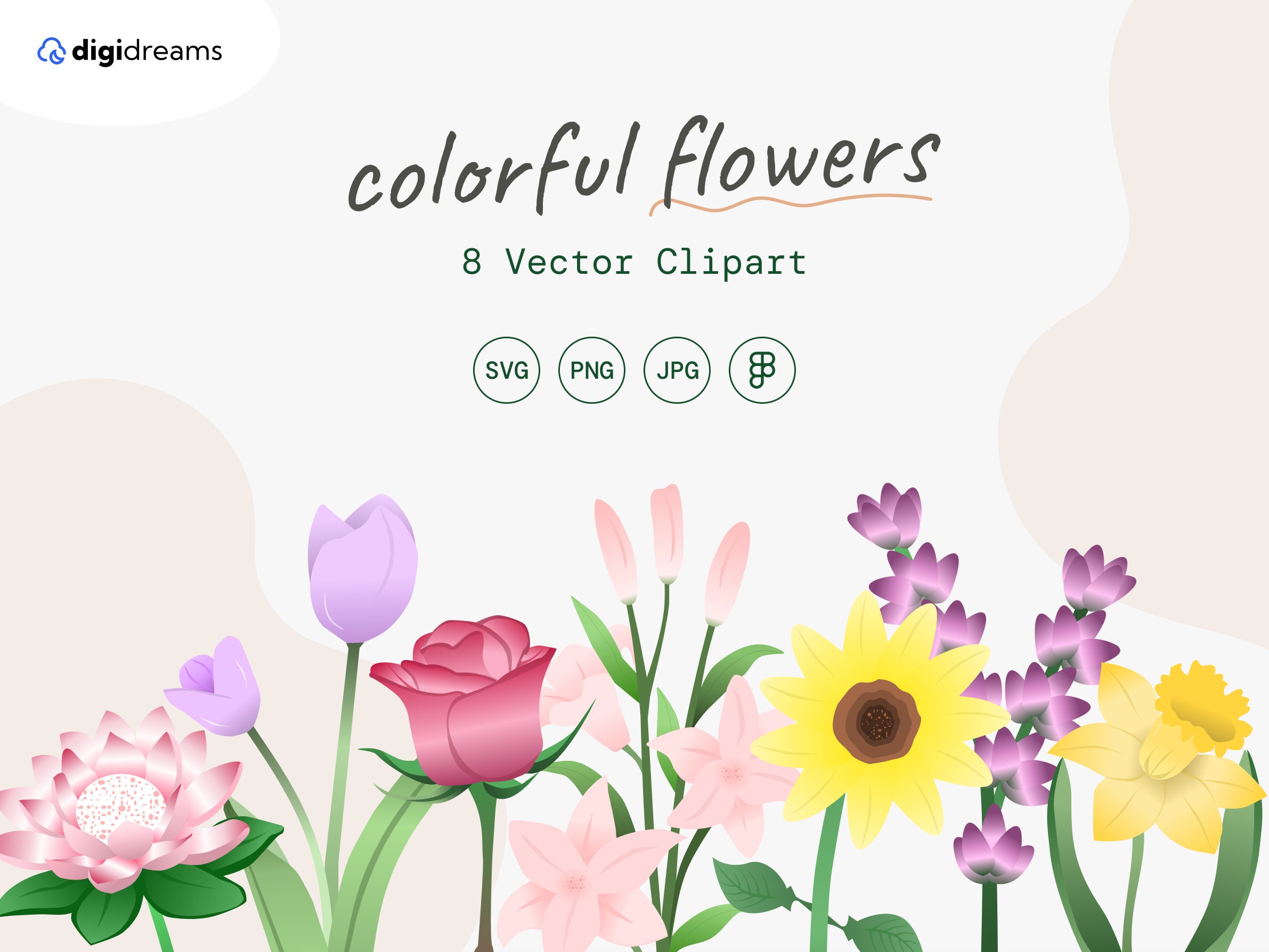 Cute Colorful Flowers Clipart SVG PNG Floral Vector Illustration ...