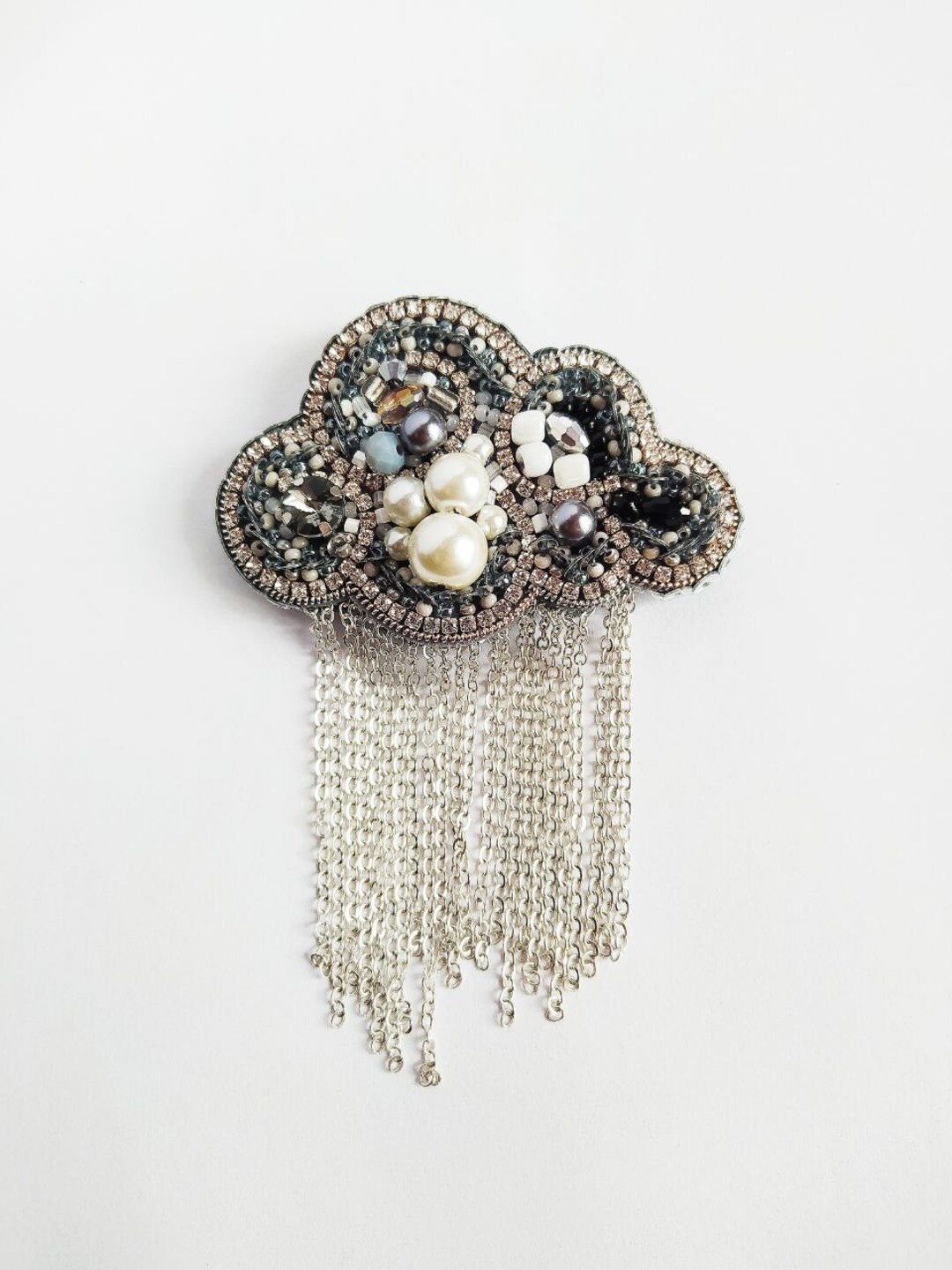 Handmade Rain Cloud Brooch, Gray Cloud Brooch, Embroidered Rain Cloud Brooch, Beaded Cloud ...