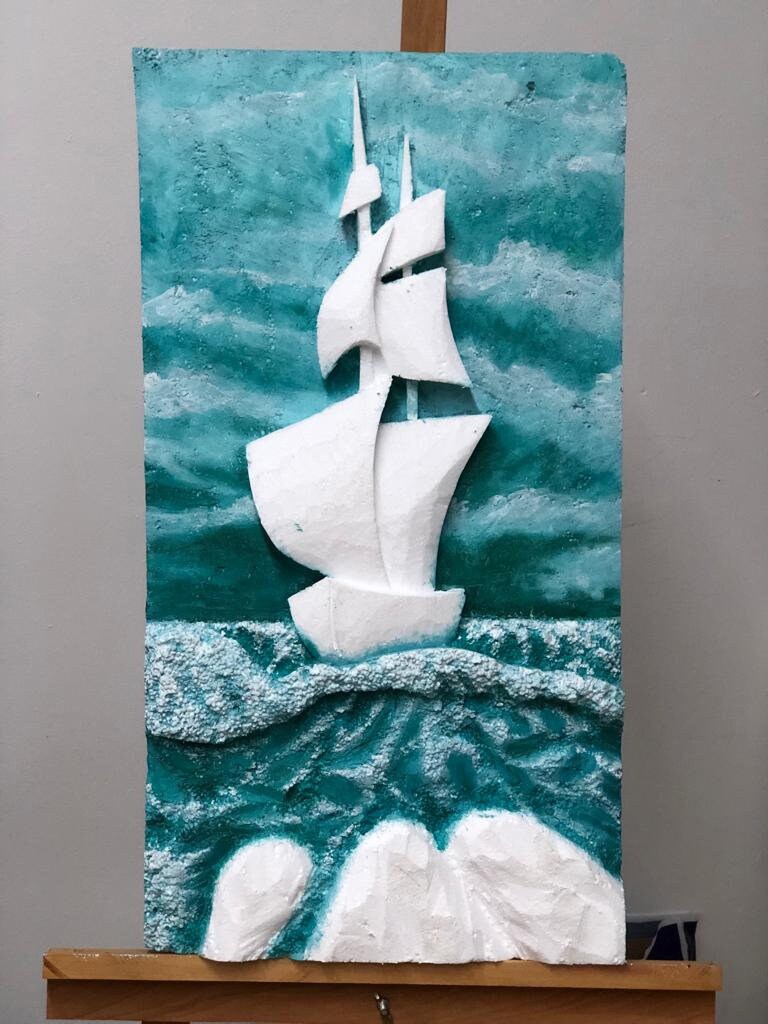 Handcrafted Sailboat Relief Art on Canvas Acrylic Painted Wall Decor in ...