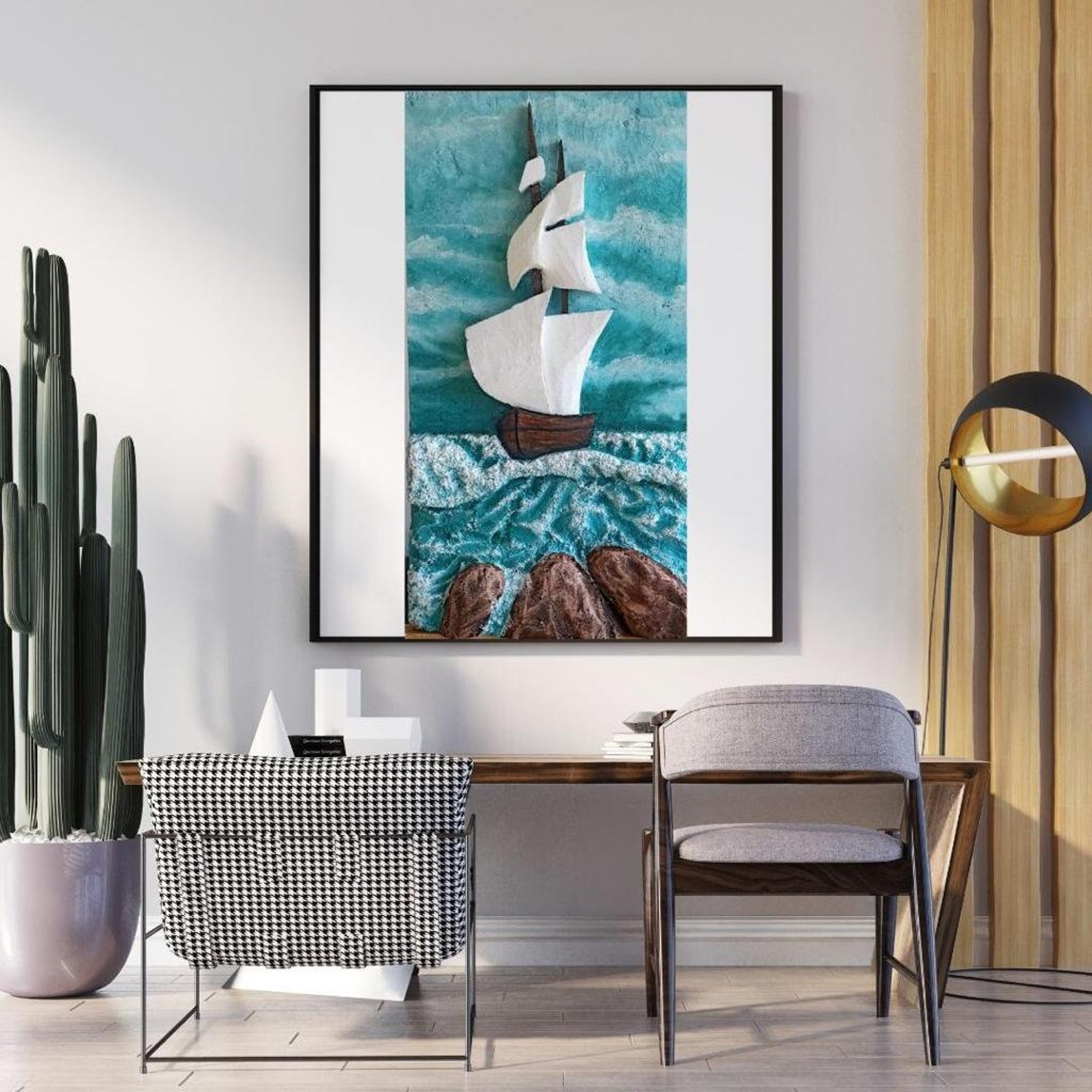 Handcrafted Sailboat Relief Art on Canvas Acrylic Painted Wall Decor in ...