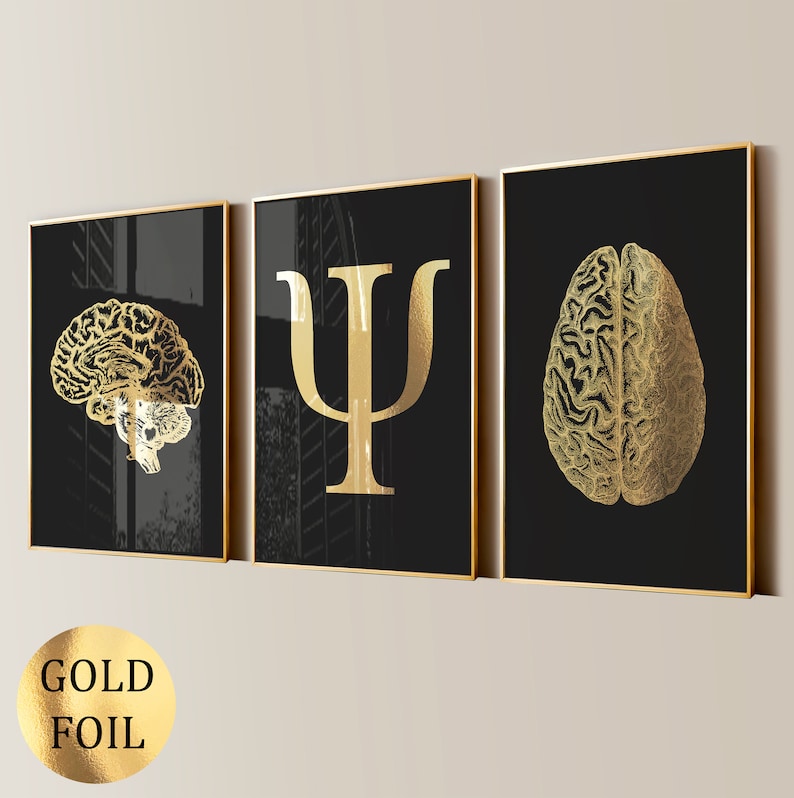 3 Gold Brain Anatomy Art Psychology Posters Medical Art Psi Art ...