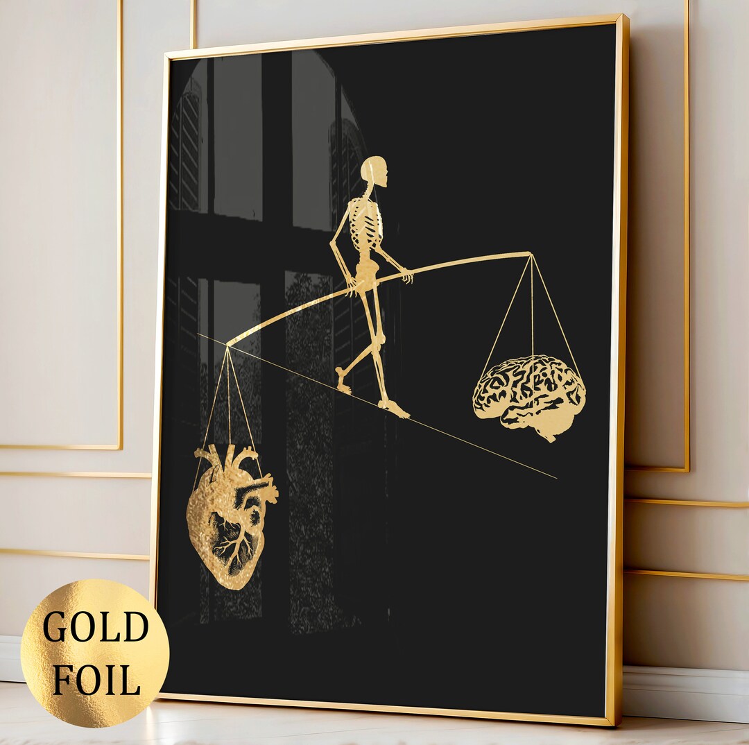 Skeleton Tightrope Walker Art Anatomy Art Brain Heart Balance Gold Foil ...