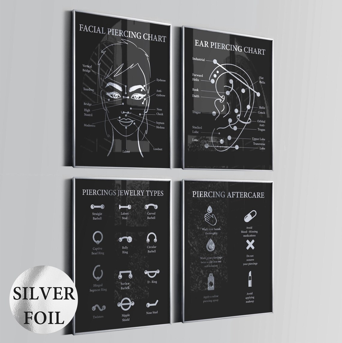 4 Piercing Posters Ear Piercing Chart Face Piercing Diagram Piercing ...