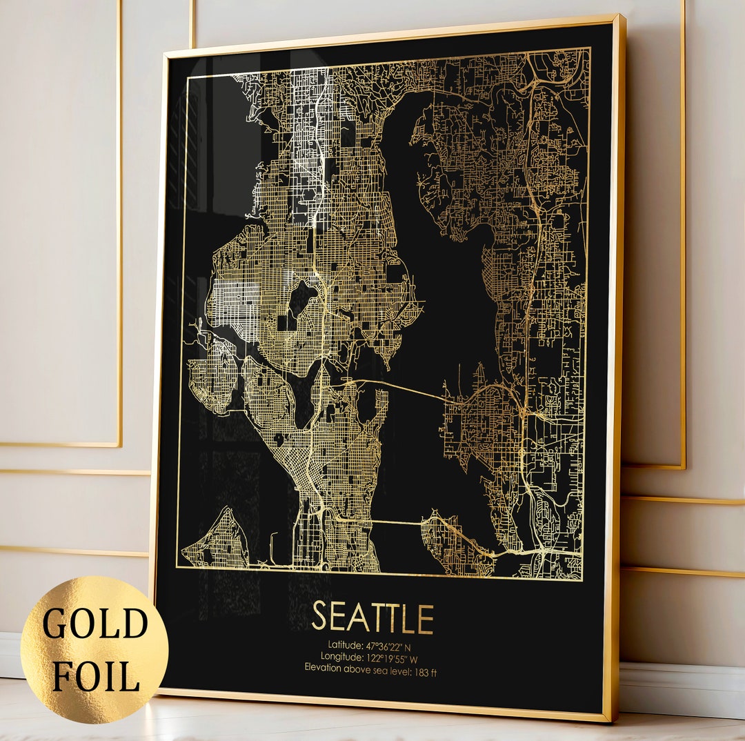 Gold Seattle Map Art, Gold Foil Print, USA Map, City Map, Map Wall ...