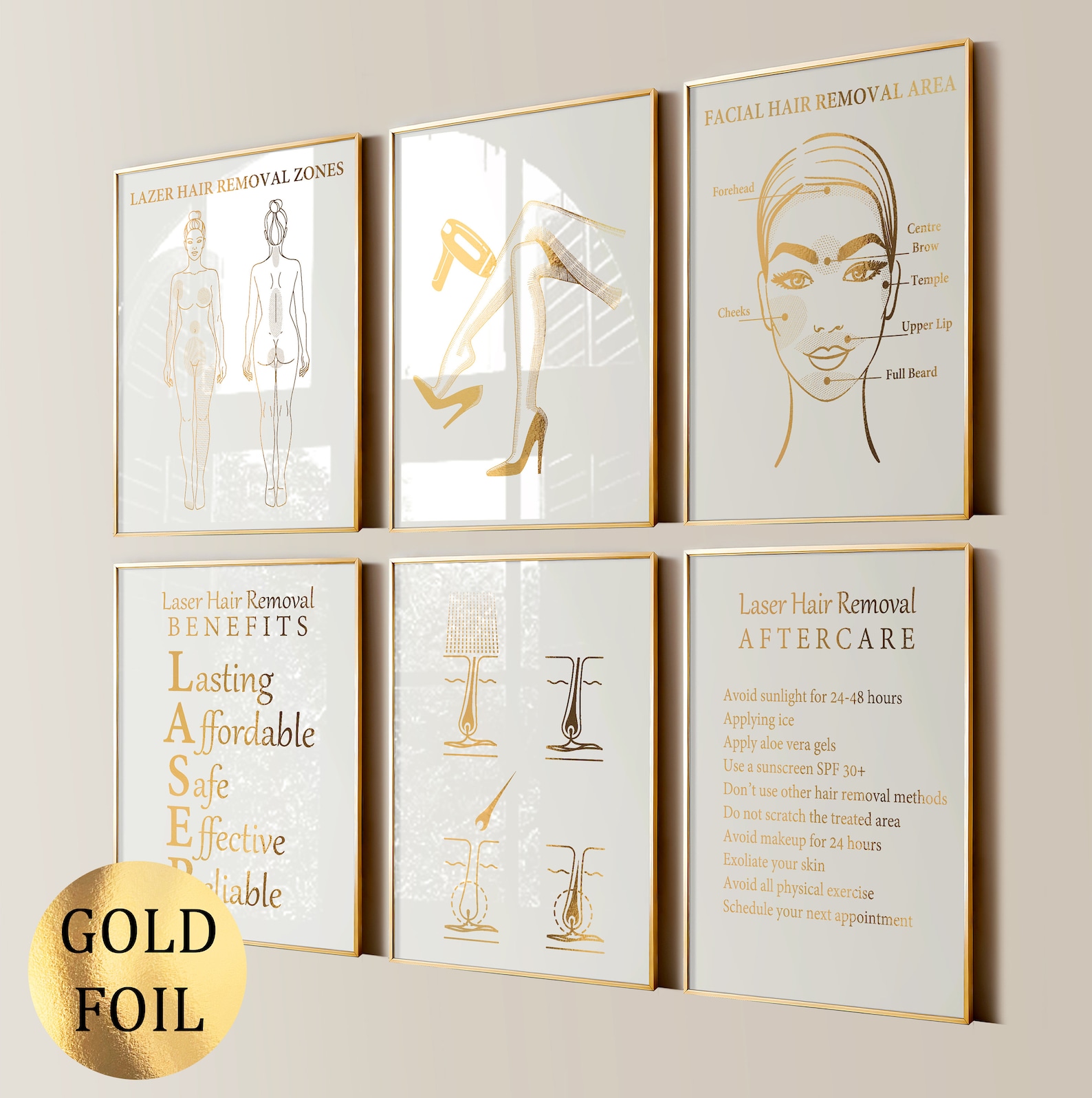 6 Laser Hair Removal Posters Beauty Treatment Art Gold Foil Print Med ...