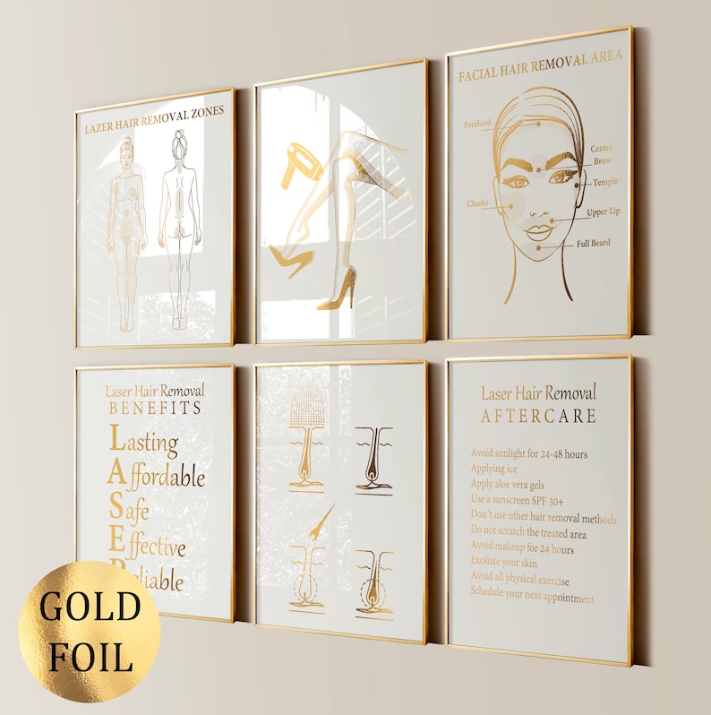 6 Laser Hair Removal Posters Beauty Treatment Art Gold Foil Print Med ...