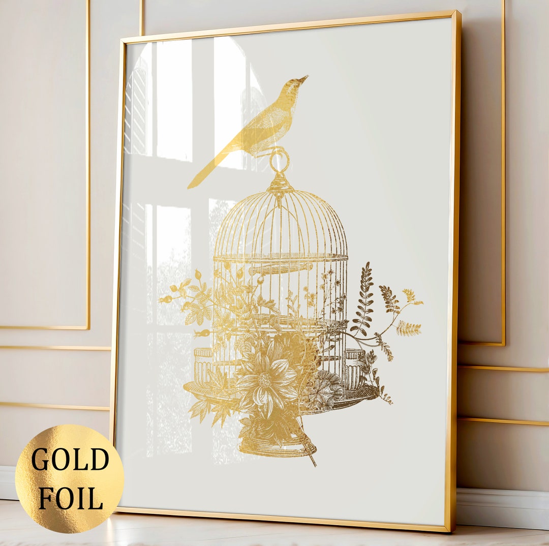 Bird Cage Art Flowers Art Botanical Art Vintage Art Gold Foil Print ...
