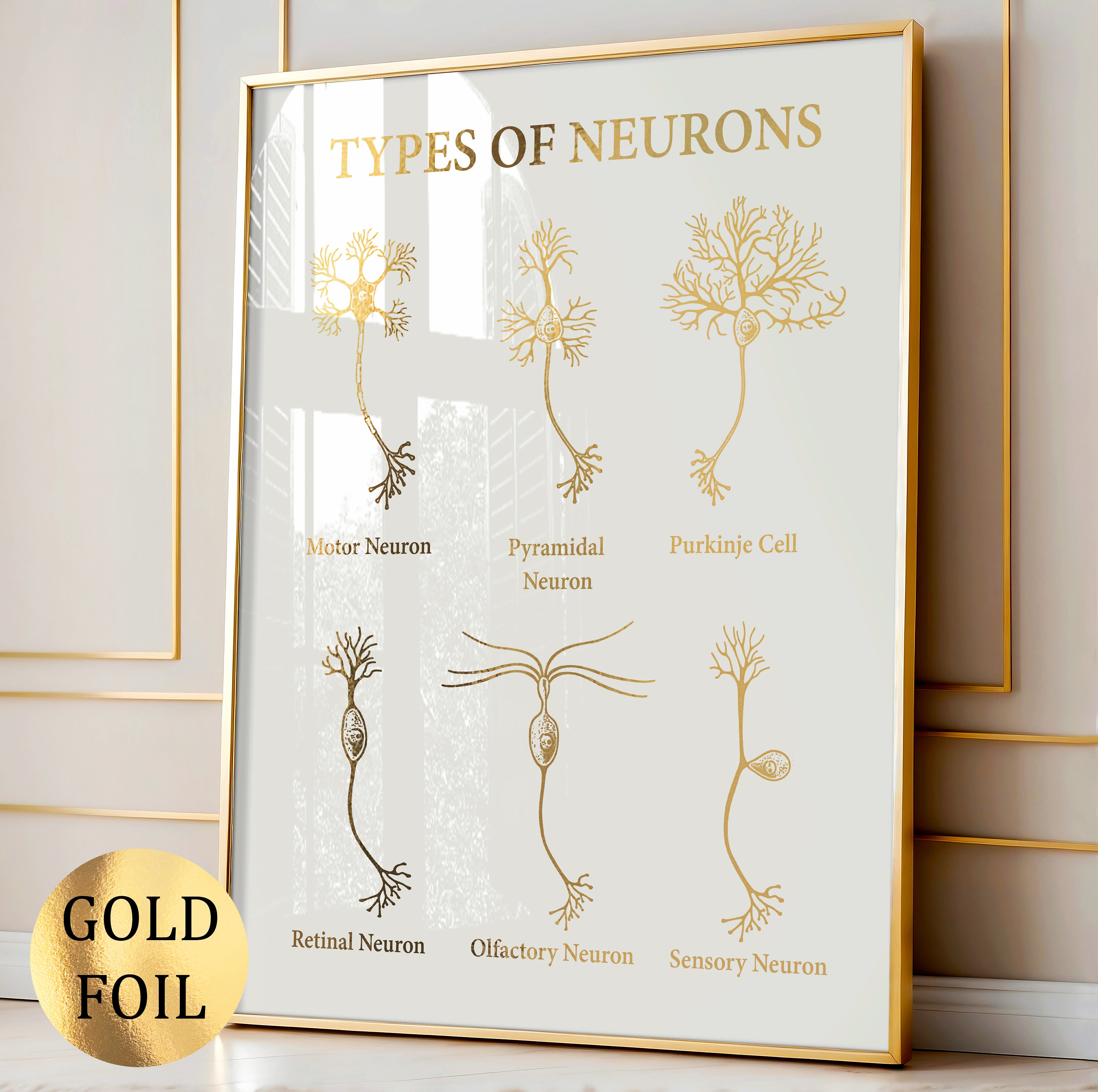 3 Gold Neuron Art Brain Anatomy Art Nerve Cell Art Neurology Art ...
