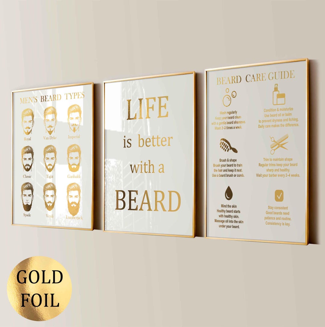 3 Barbershop Beard Posters Mens Beard Types Diagram Beard Care Guide ...