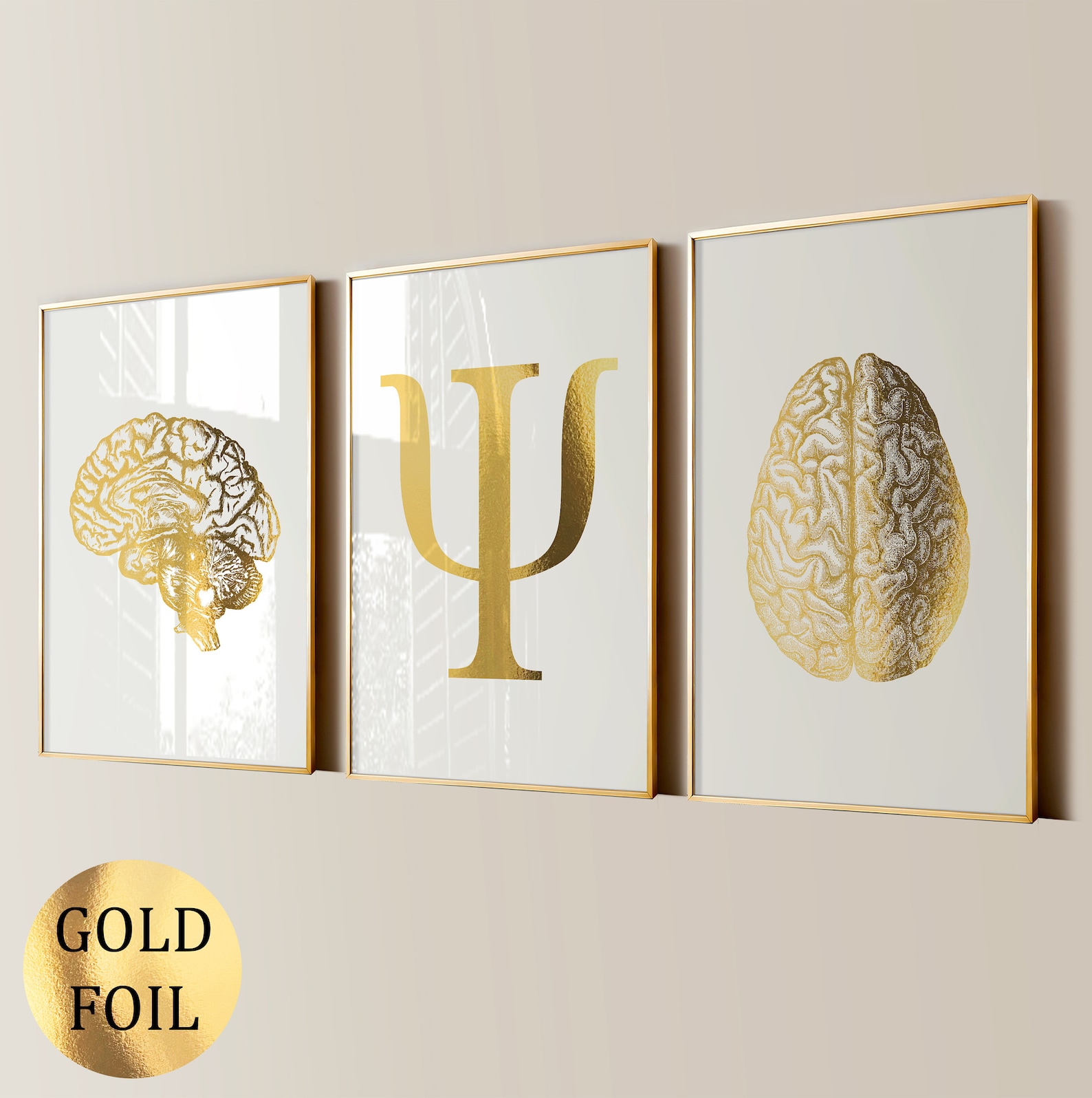 3 Gold Brain Anatomy Art Psychology Art Medical Art Psi Symbol Art ...
