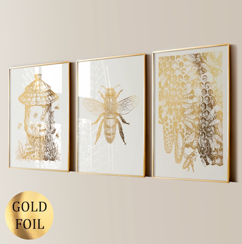 3 Gold Bee Art Bee Hive Art Honeycombs Art Beekeeper Gift Gold Foil ...