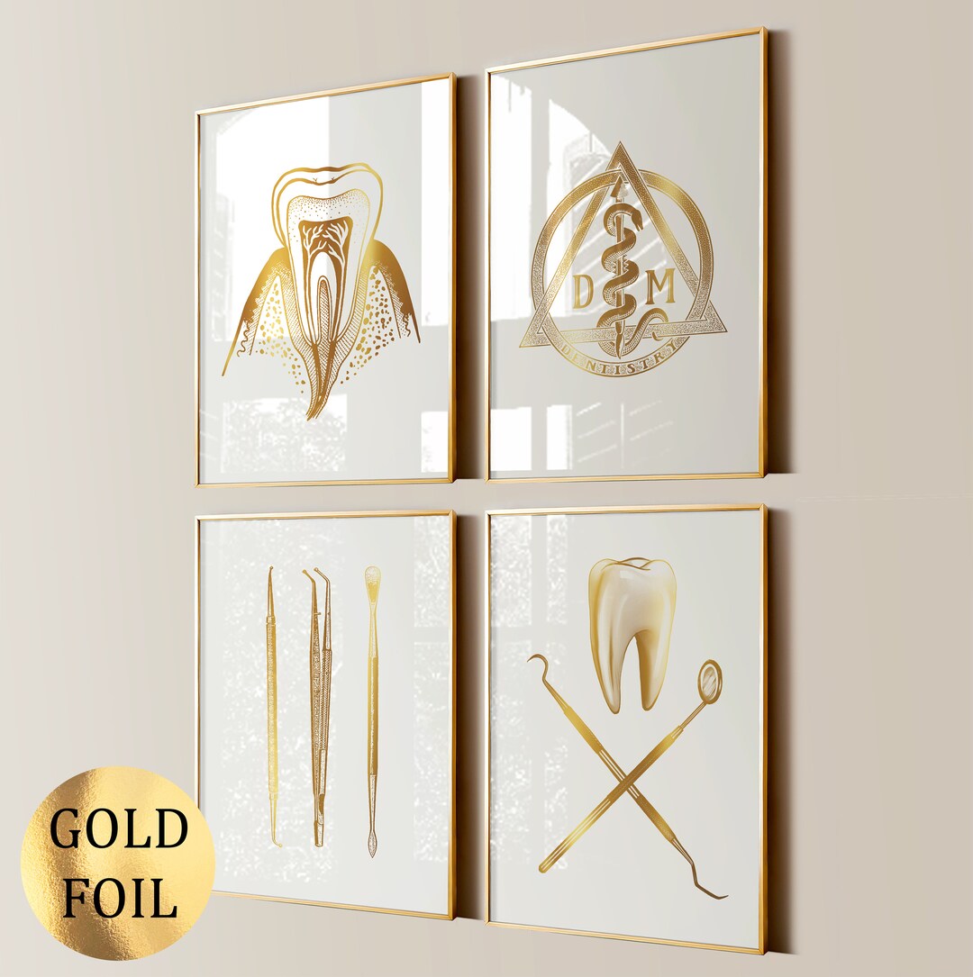 Set 4 Gold Dental Art Dentist Gift Tooth Anatomy Art Medical Art ...