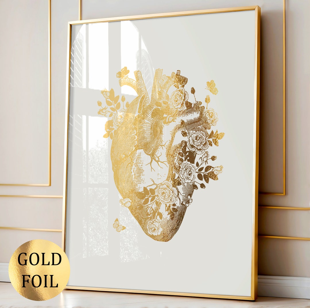 Anatómico corazón arte anatomía arte real oro lámina hecho a mano arte ...