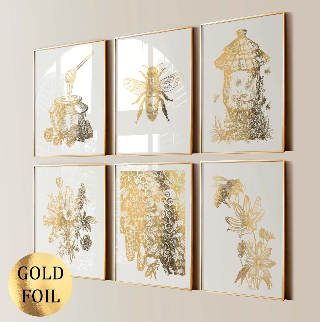 Set 6 Gold Bee Art Bee Hive Art Honey Jar Art Beekeeper Gift Beekeeping ...