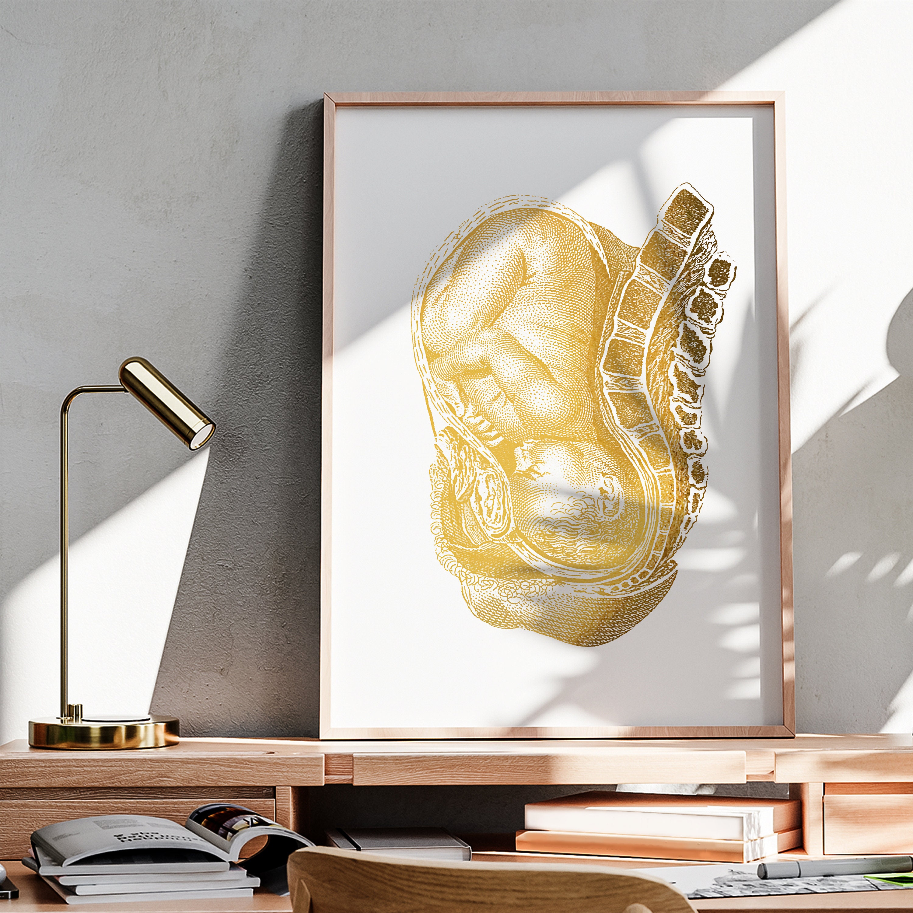 Midwife Gift, Baby in Womb Anatomy Art, Gold Fetus Art, Pregnancy Art ...
