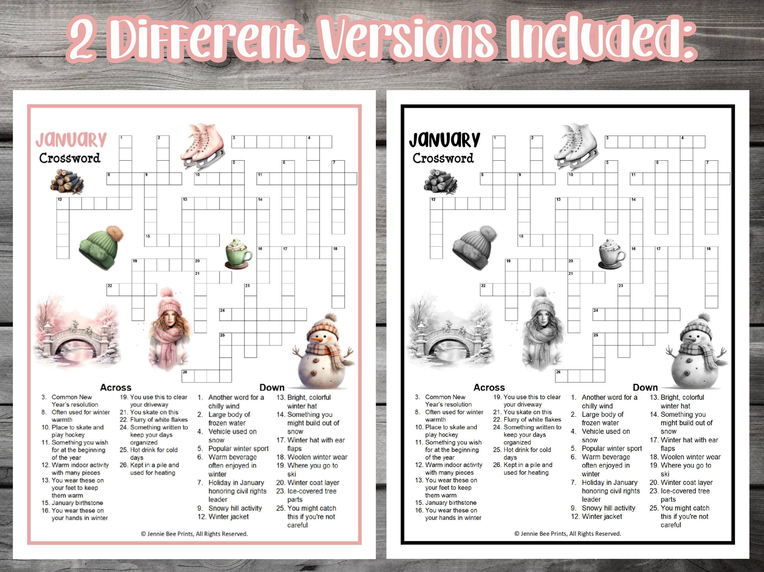 January Crossword Puzzle, Family Friendly Fun Printable, Puzzles for ...