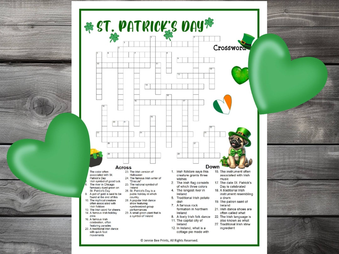 St. Patrick's Day Crossword Puzzle, Family Friendly Fun Printable ...
