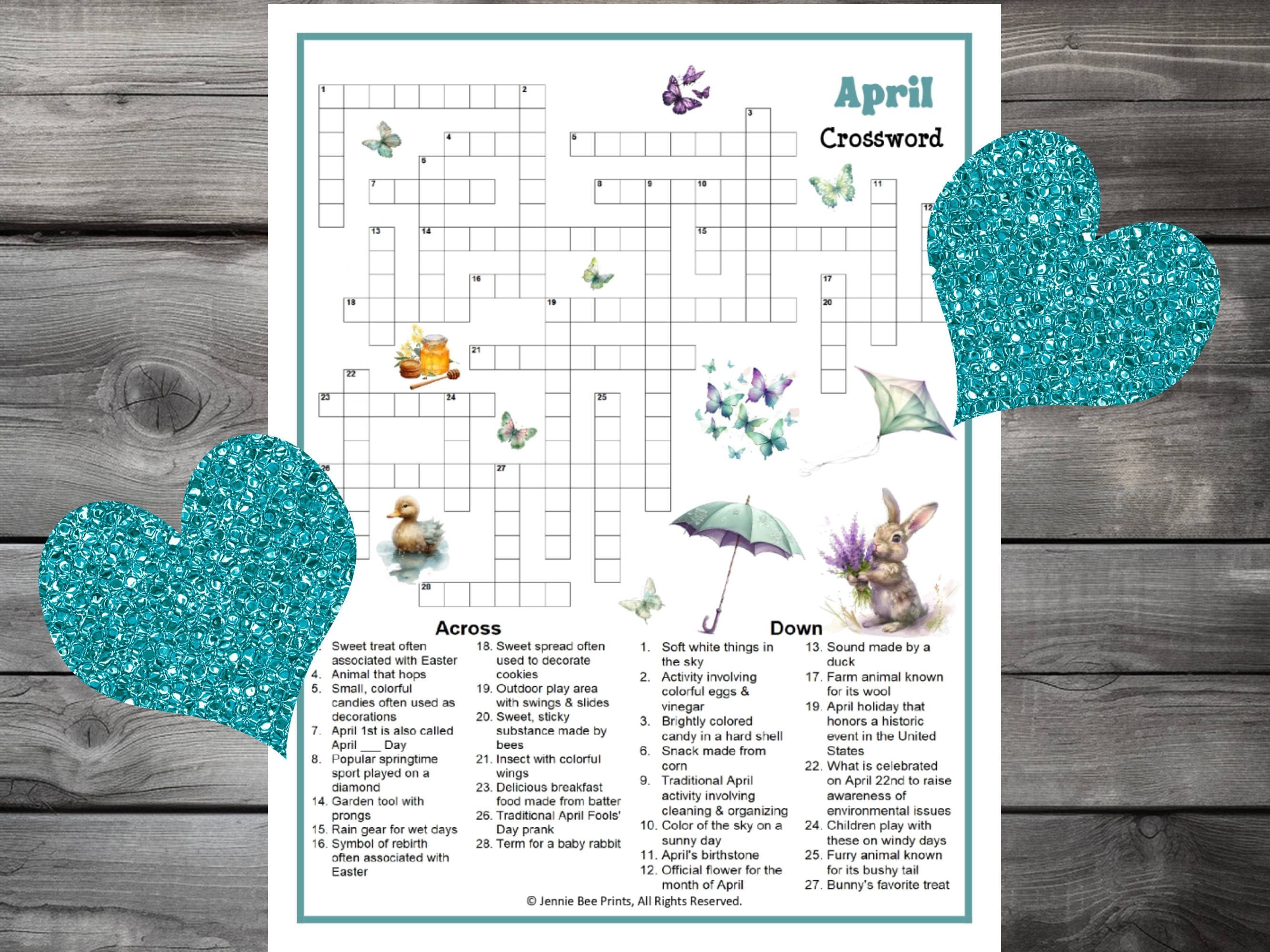 April Crossword Puzzle, Family Friendly Fun Printable, Puzzles for ...