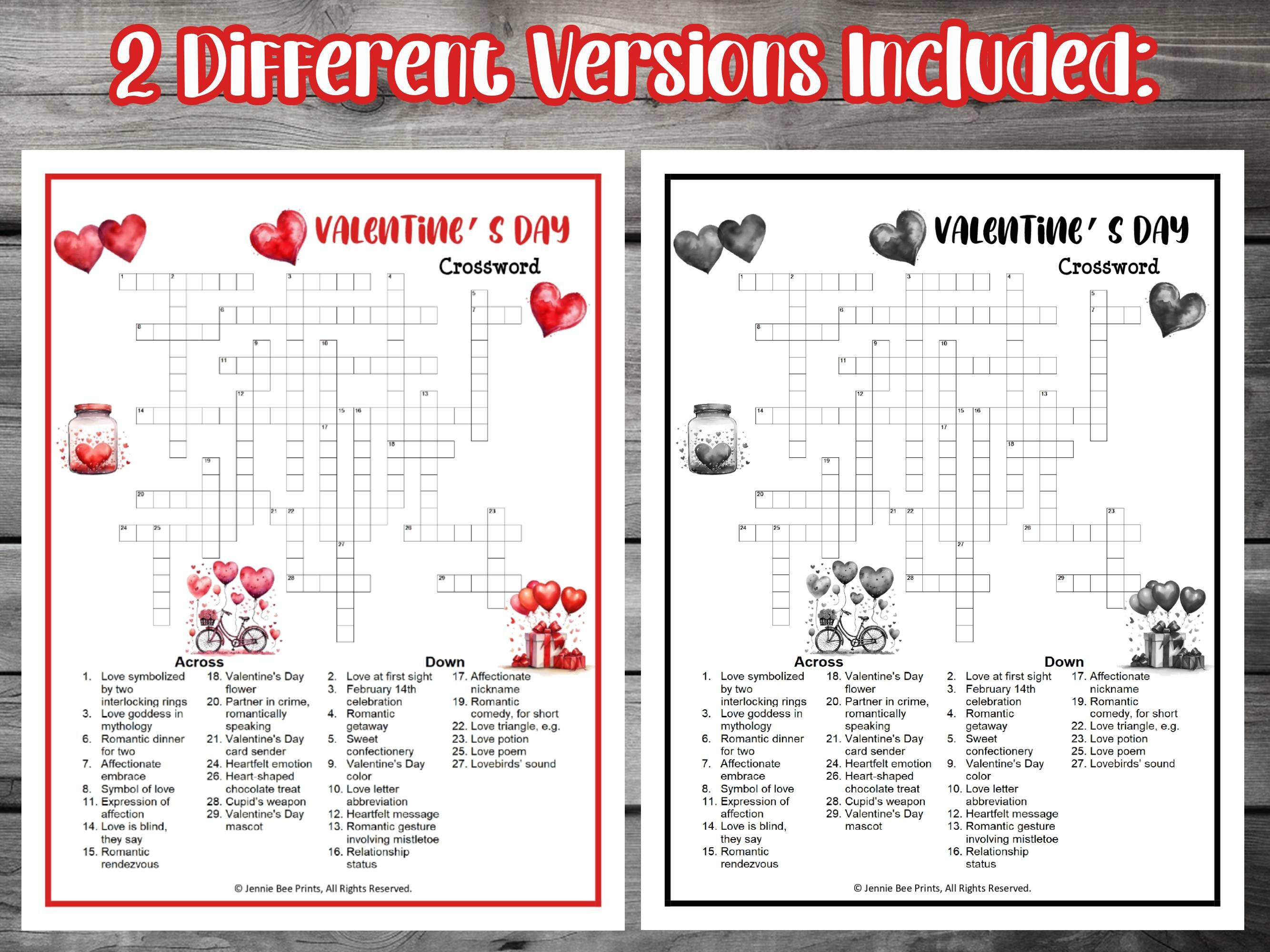 Valentine's Day Crossword Puzzle, Family Friendly Fun Printable ...