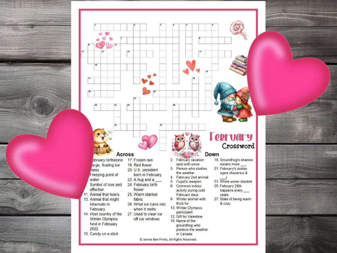 February Crossword Puzzle, Family Friendly Fun Printable, Puzzles for ...