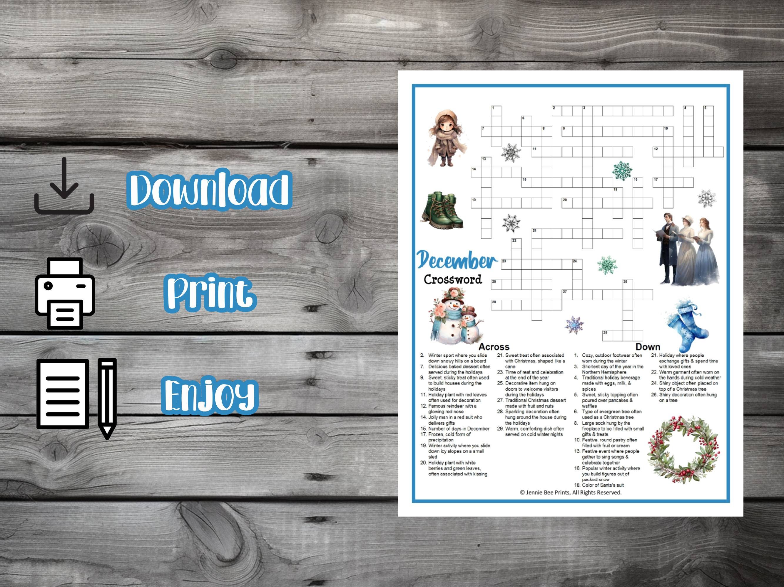 December Crossword Puzzle, Family Friendly Fun Printable, Puzzles for ...