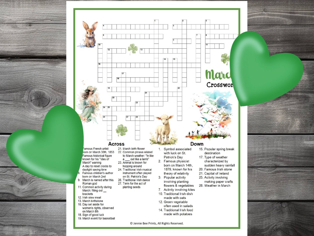 March Crossword Puzzle, Family Friendly Fun Printable, Puzzles for ...