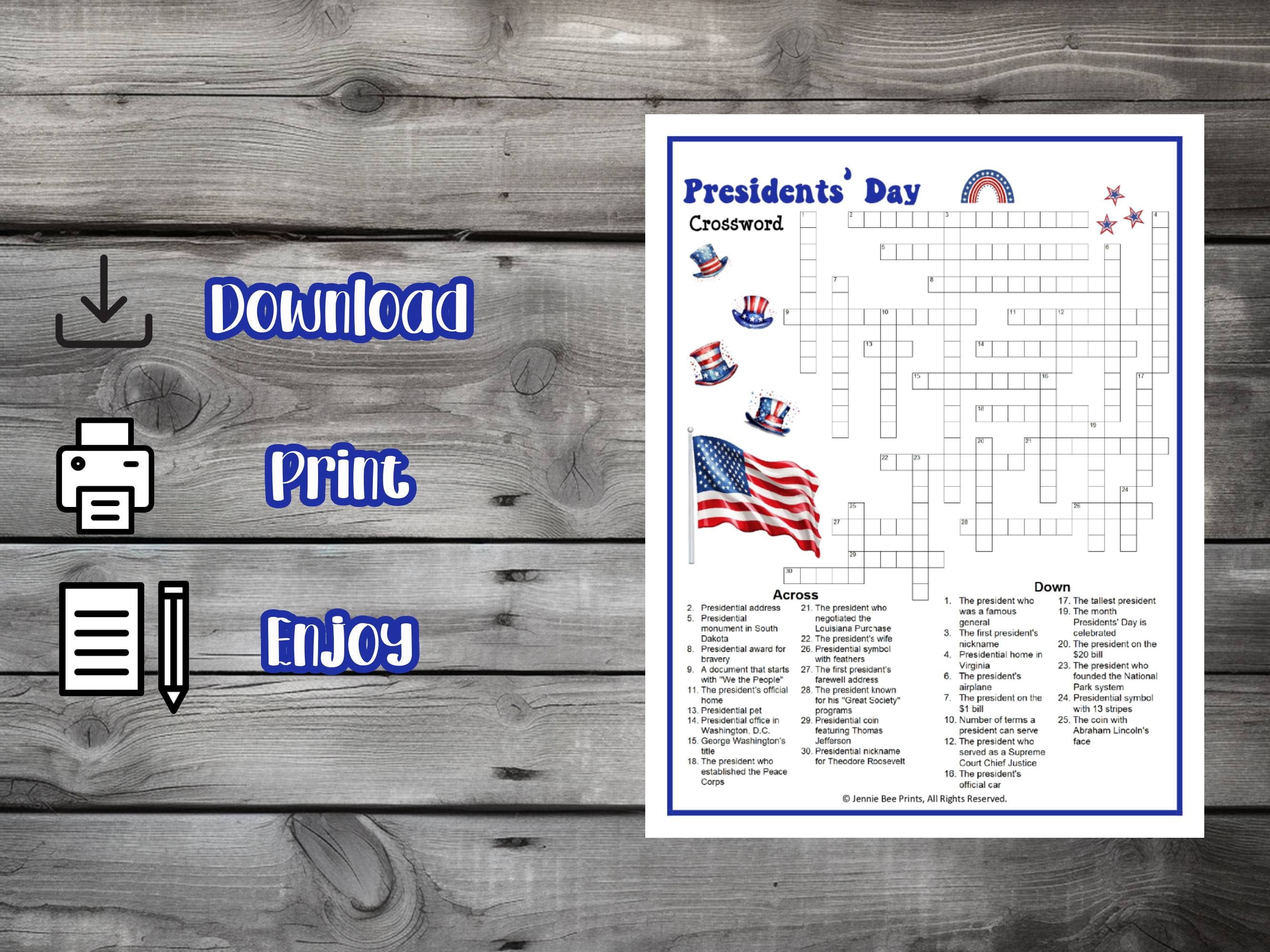 Presidents Day Crossword Puzzle, Family Friendly Fun Printable, Puzzles ...