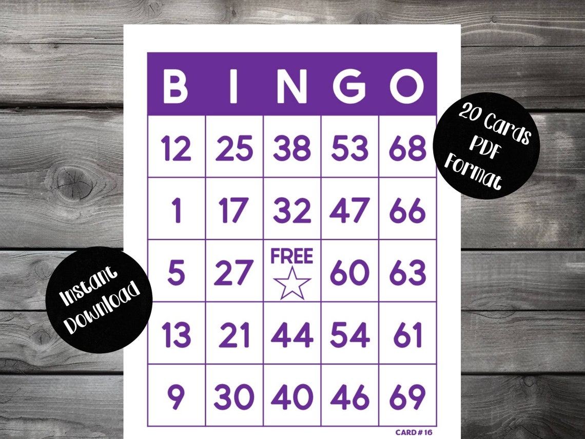 20 Purple Unique Printable Bingo Cards, Family Friendly Digital ...