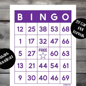 20 Purple Unique Printable Bingo Cards, Family Friendly Digital ...